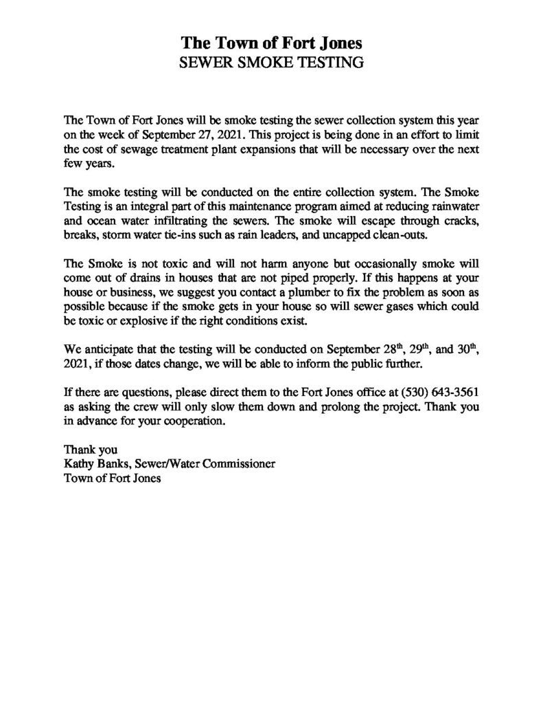 Sewer Smoke Testing – Town of Fort Jones, Siskiyou County, CA